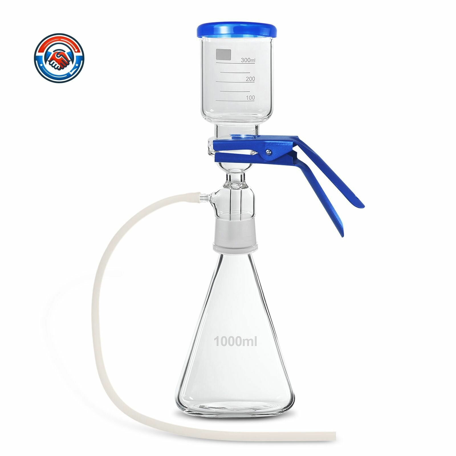 Лабораторный вакуумный фильтрационный аппарат, комплект из боросиликатного стекла: колба 1000 мл, воронка Бюхнера 300 мл, резиновая трубка и зажим, для быстрой фильтрации растворов в химической лаборатории