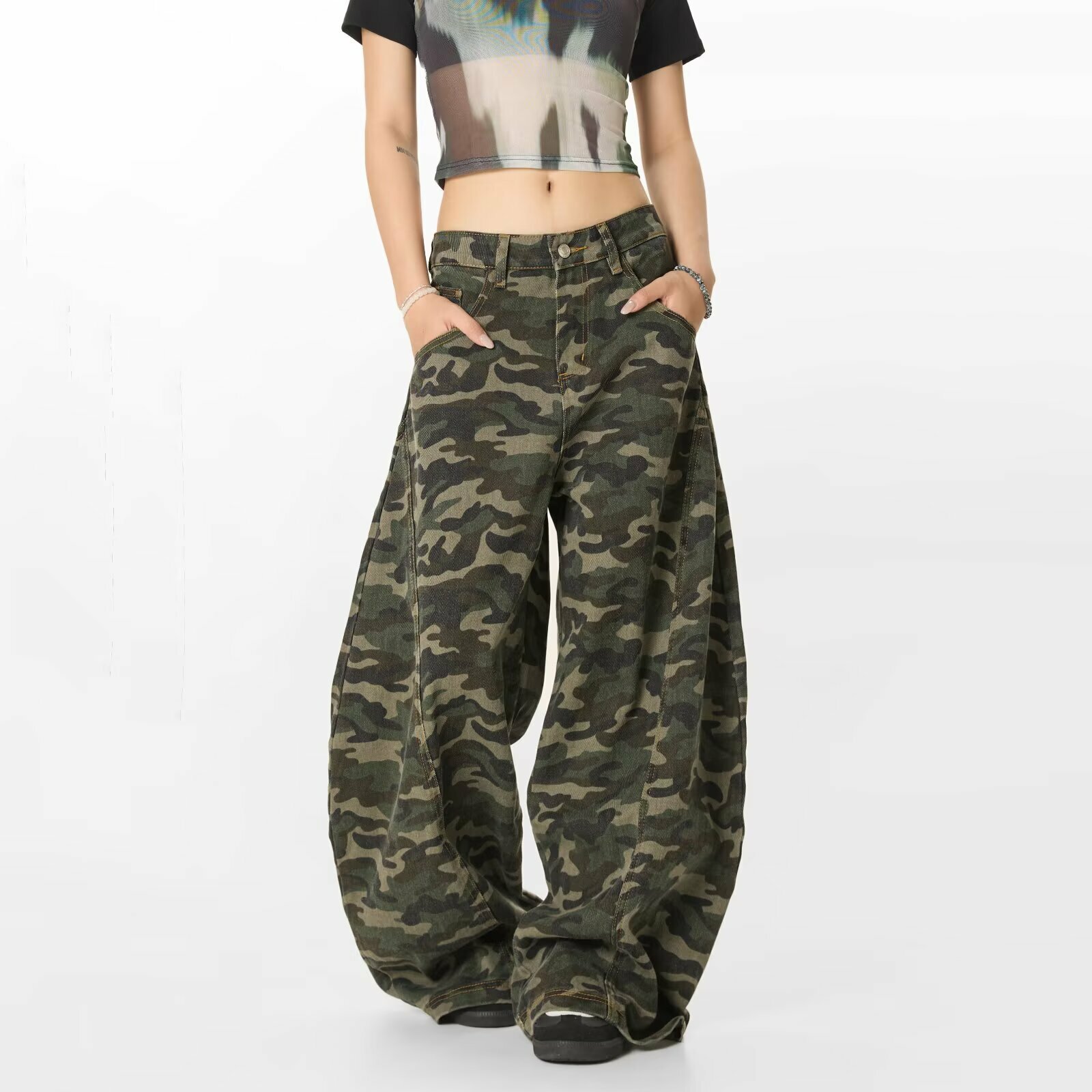 JYL Джинсы Женские Карго Винтажные Большие Карманы Стильные Деним, Размер_XXXL