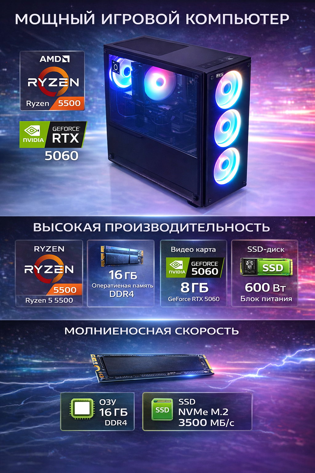 Игровой компьютер (AMD RYZEN 5 5500, NVIDIA GeForce RTX 5060, RAM 16 ГБ, SSD 512 ГБ ), белый