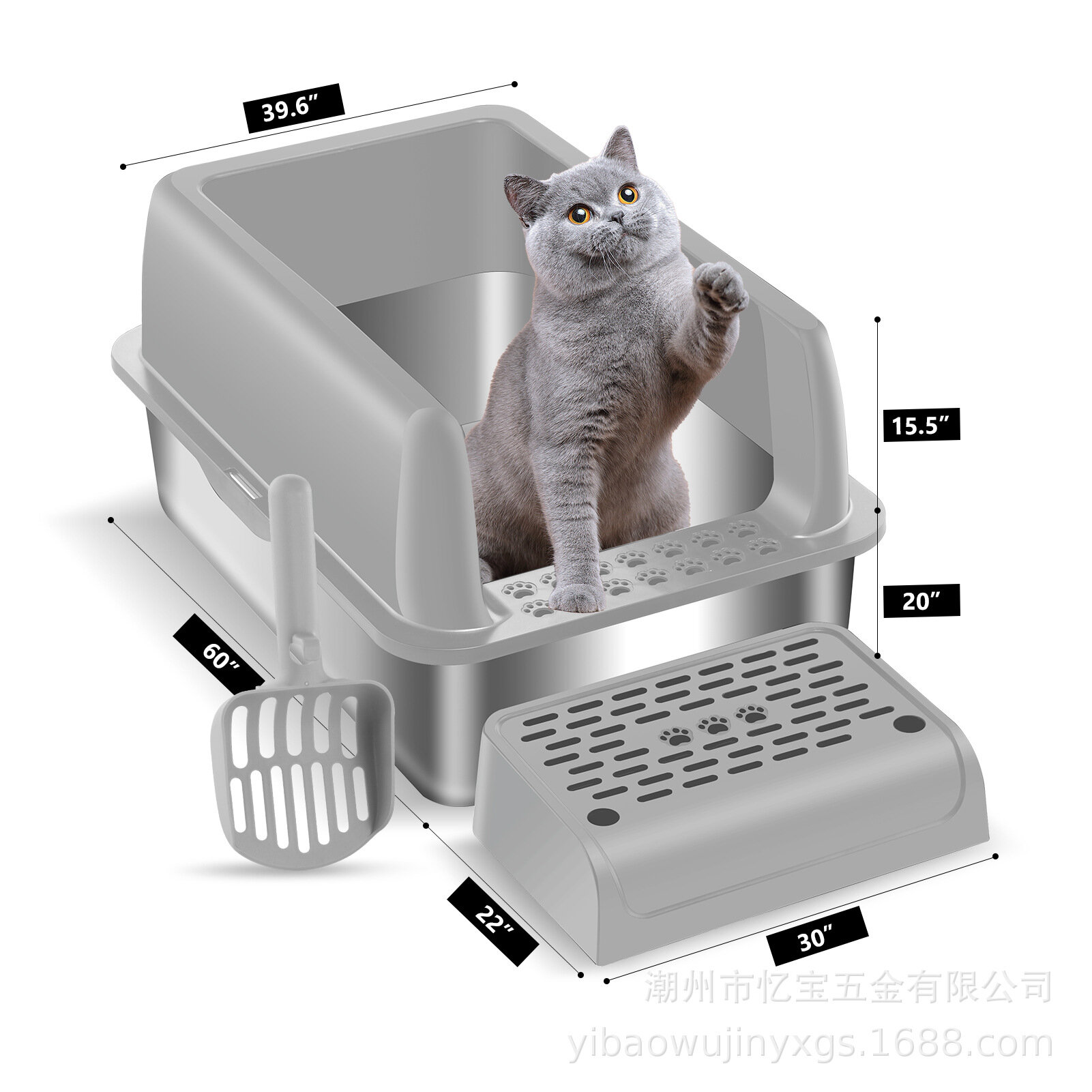 Нержавеющая стальная кошачья лоток с ABS основой, серый, 60x40x20 см - Открытая конструкция для владельцев кошек