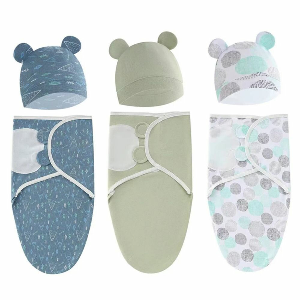 Комплект из детского одеяла и шапочки из хлопка с мультяшным принтом, пеленка для новорожденных, регулируемая пеленка для сна младенца, подходит для всех сезонов (0-6 месяцев).