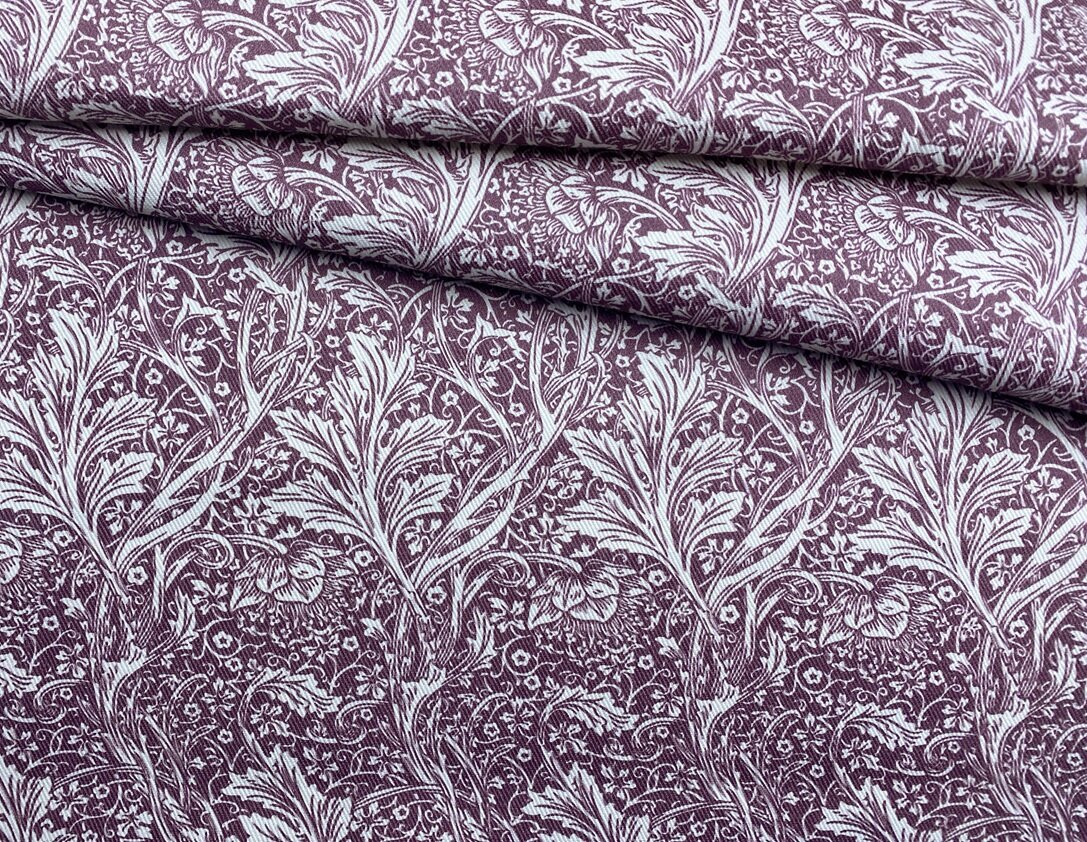 Ткань Джинса бордового цвета с принтом листья 12697