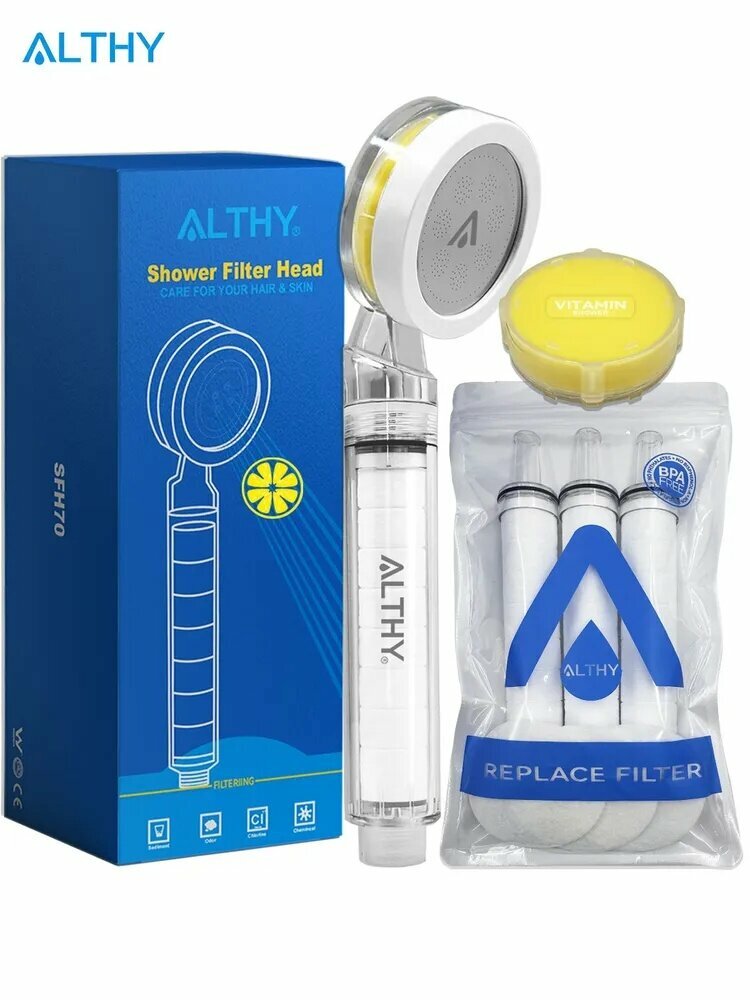 ALTHY Лейка для душа водосберегающая с фильтром и арома картриджем Витами С, насадка для душа с массажным эффектом SPA, Отбеливание кожи, предотвращение выпадения волос зуда