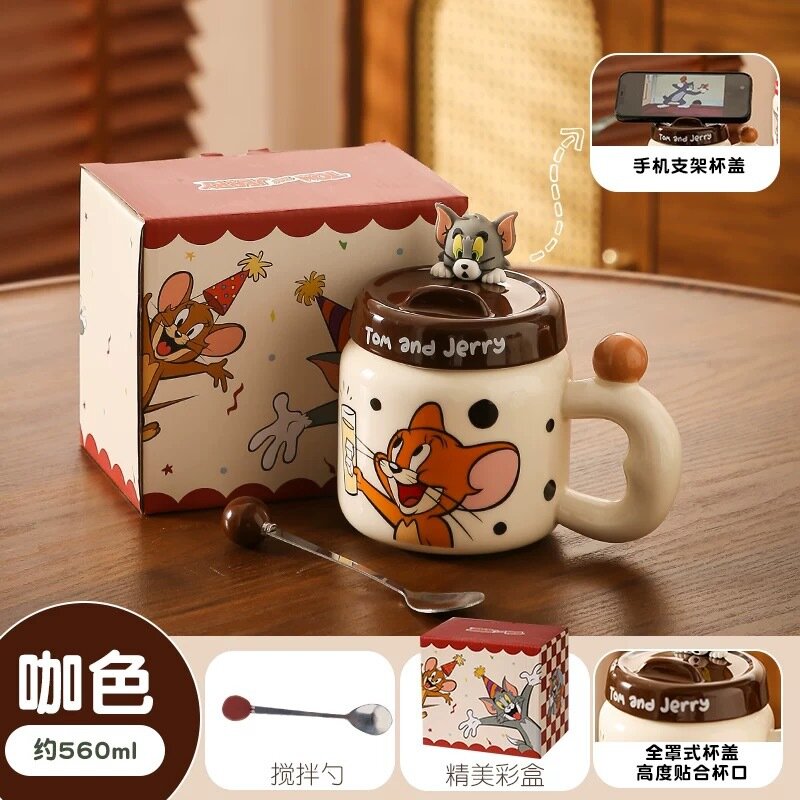 Керамическая кружка Том и Джерри с крышкой, высокая эстетика, кружка для питья, кофе, завтрака, молока, подарок