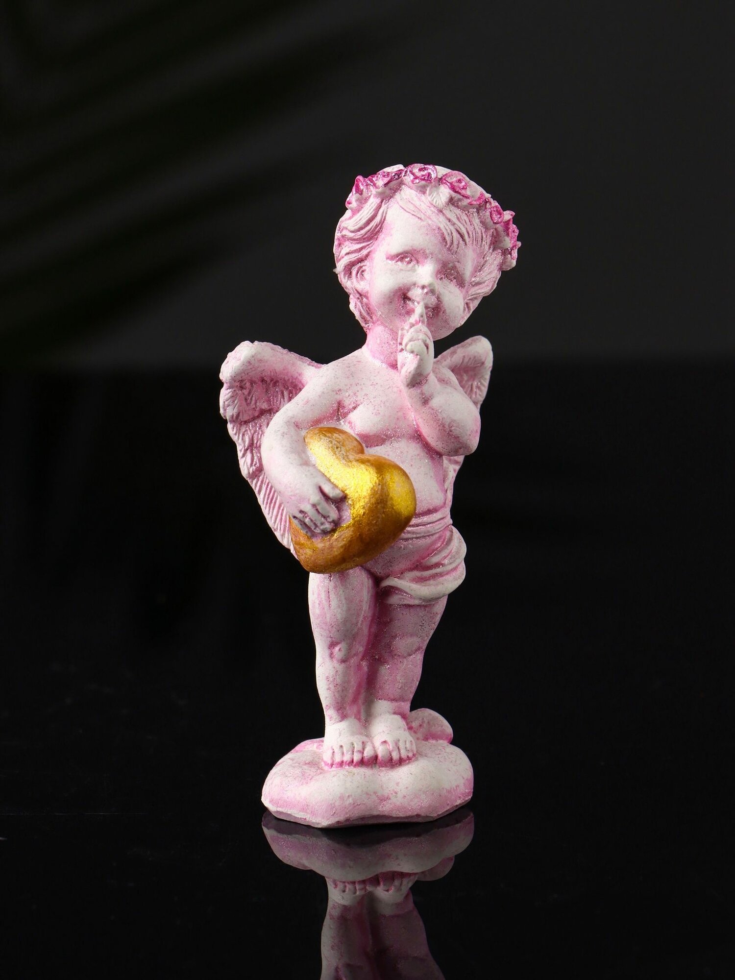 Фигура Ангел с сердцем 8,5x3,5 см, декоративная фигурка из гипса, интерьерный декор, подарок, розовый