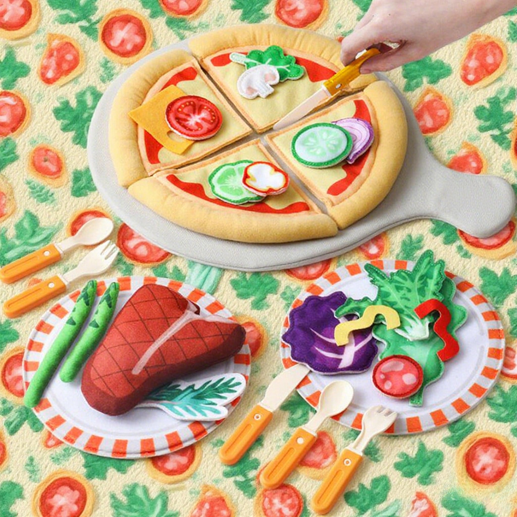 Игровой набор пищевых товаров для имитационной игры 31 piece из фетра, игрушки для нарезки пиццы, наборы для изготовления пиццы самому с стейком из говядины, овощами, посудой, тарелками, аксессуарами, кухонными игрушками для ролевой игры шеф-повара для