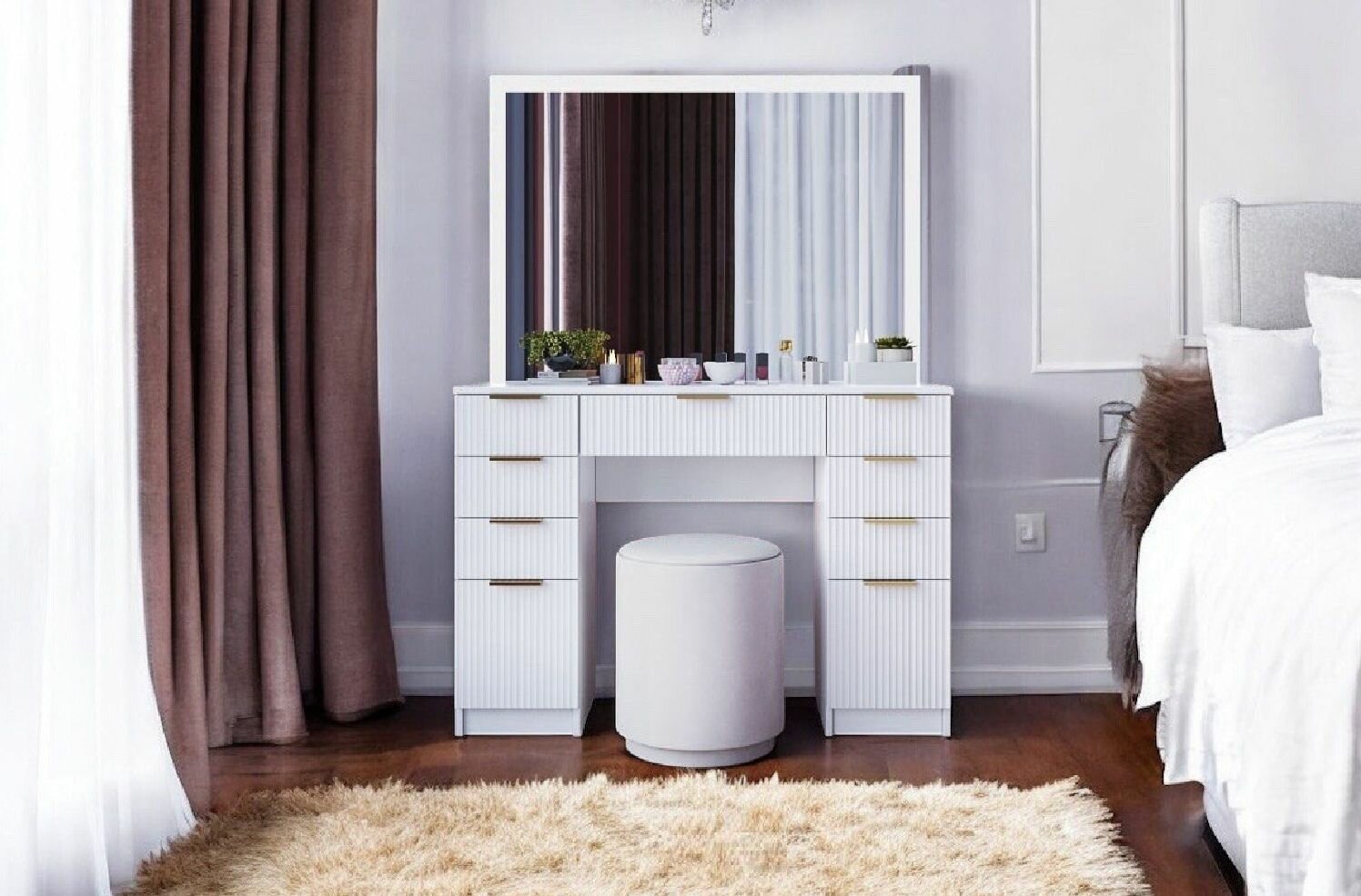 Гримёрный стол Волна 120 см с зеркалом Led подсветка, 9 ящиков, фасады МДФ матовый белый