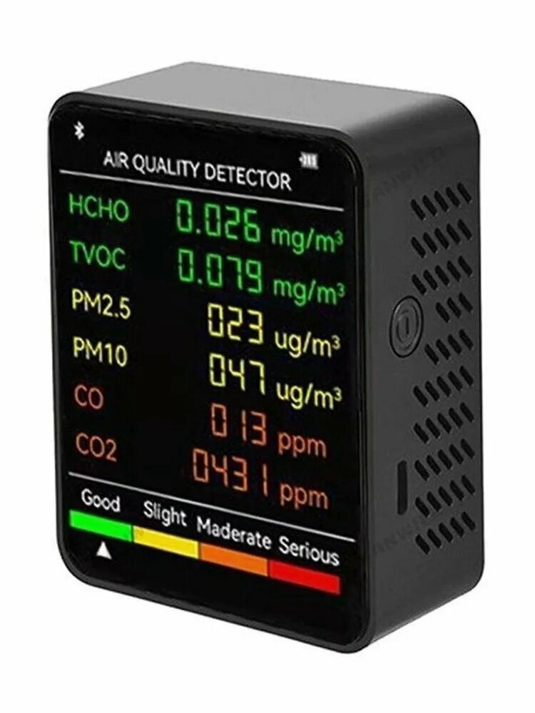 Монитор качества воздуха 6 в 1. Детектор СО2, угарного газа CO, пылевых частиц PM2.5 и PM10, HCHO формальдегида, TVOC летучих органических веществ.