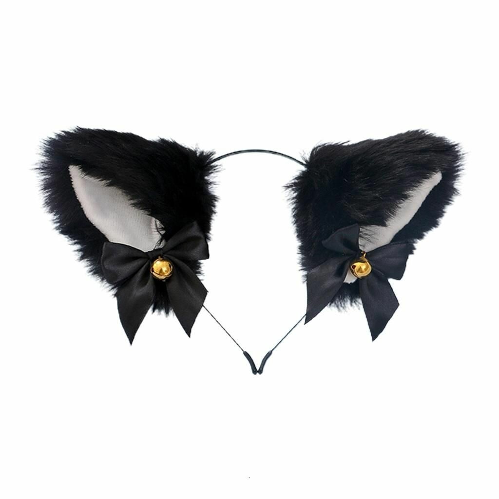Женская аниме-повязка на голову с ушками пушистых плюшевых кошек, обруч для волос с колокольчиками-бантиками