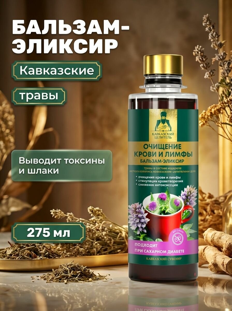 Бальзам-Эликсир Очищение крови и лимфы на травах Кавказа для детокса и укрепления сосудов, 275 мл