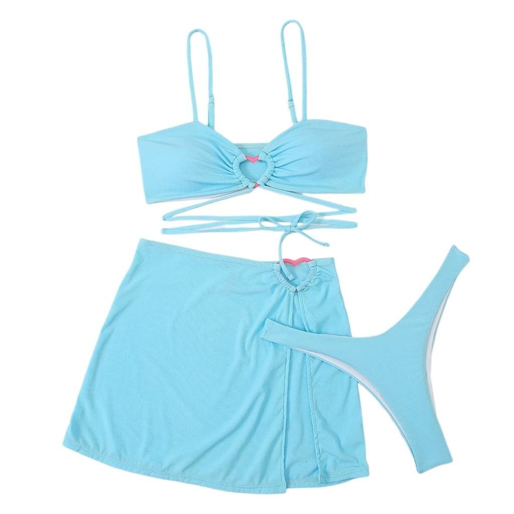 Связанный бикини с сердечком, 3 предмета, Небесно-голубой - M