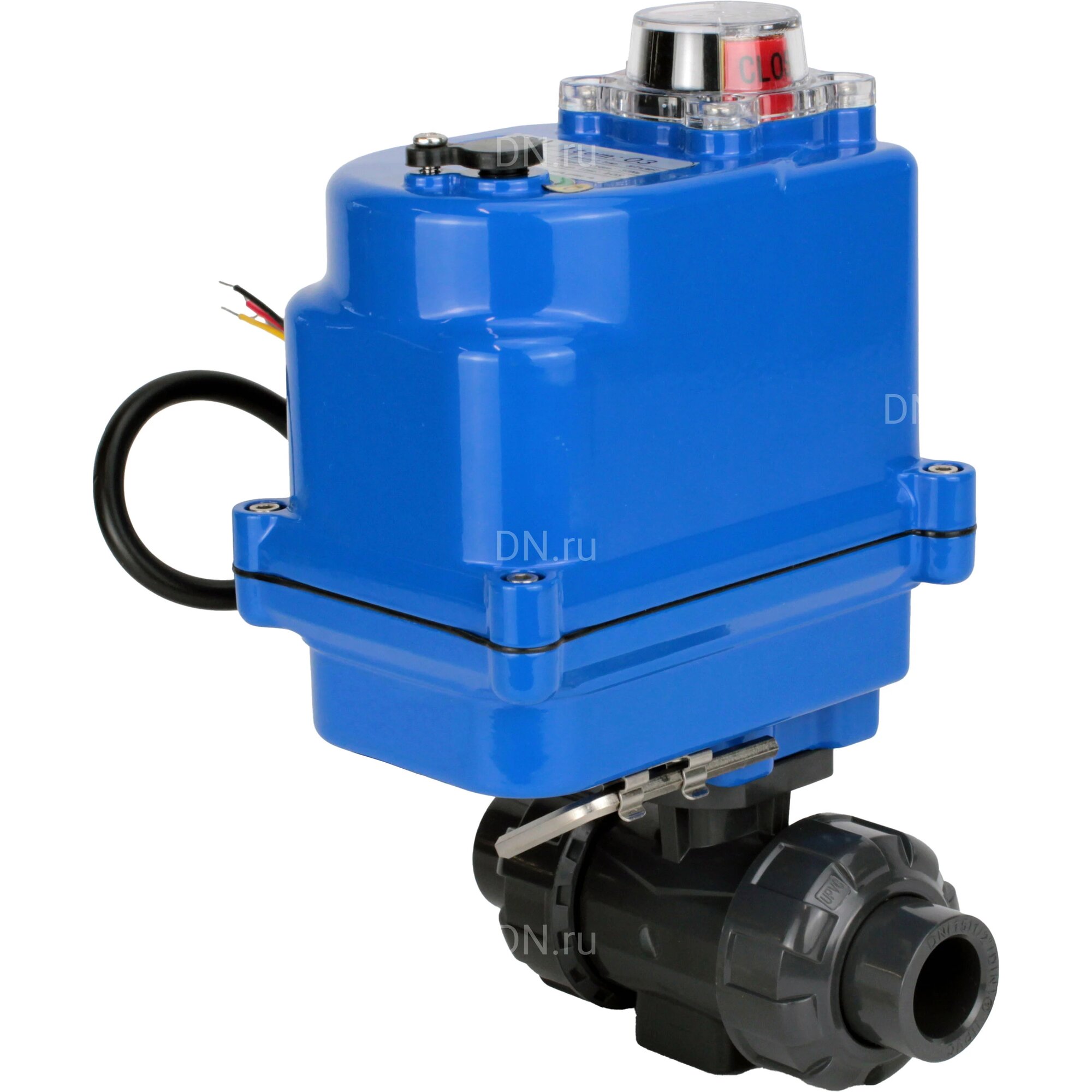 Кран шаровой DN.ru НПВХ-НПВХ-E-FP-GRM-ISO Дн15 Ру10 полнопроходной, клеевой с разборным муфтовым соединением, корпус - НПВХ, шар - НПВХ, уплотнение - EPDM, с электроприводом DN. ru QT-003 24В blue