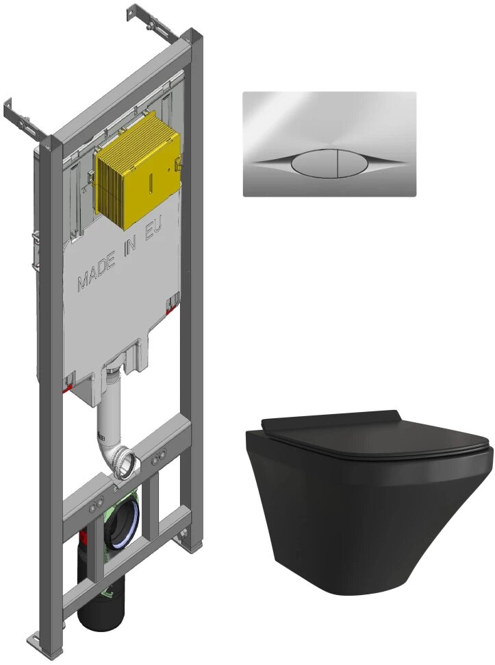 Комплект инсталляция с унитазом Jacob Delafon E21822-CP с кнопкой смыва, хром + унитаз подвесной Grossman GR-4440BMS безободковый, с сиденьем микролифт, черный матовый