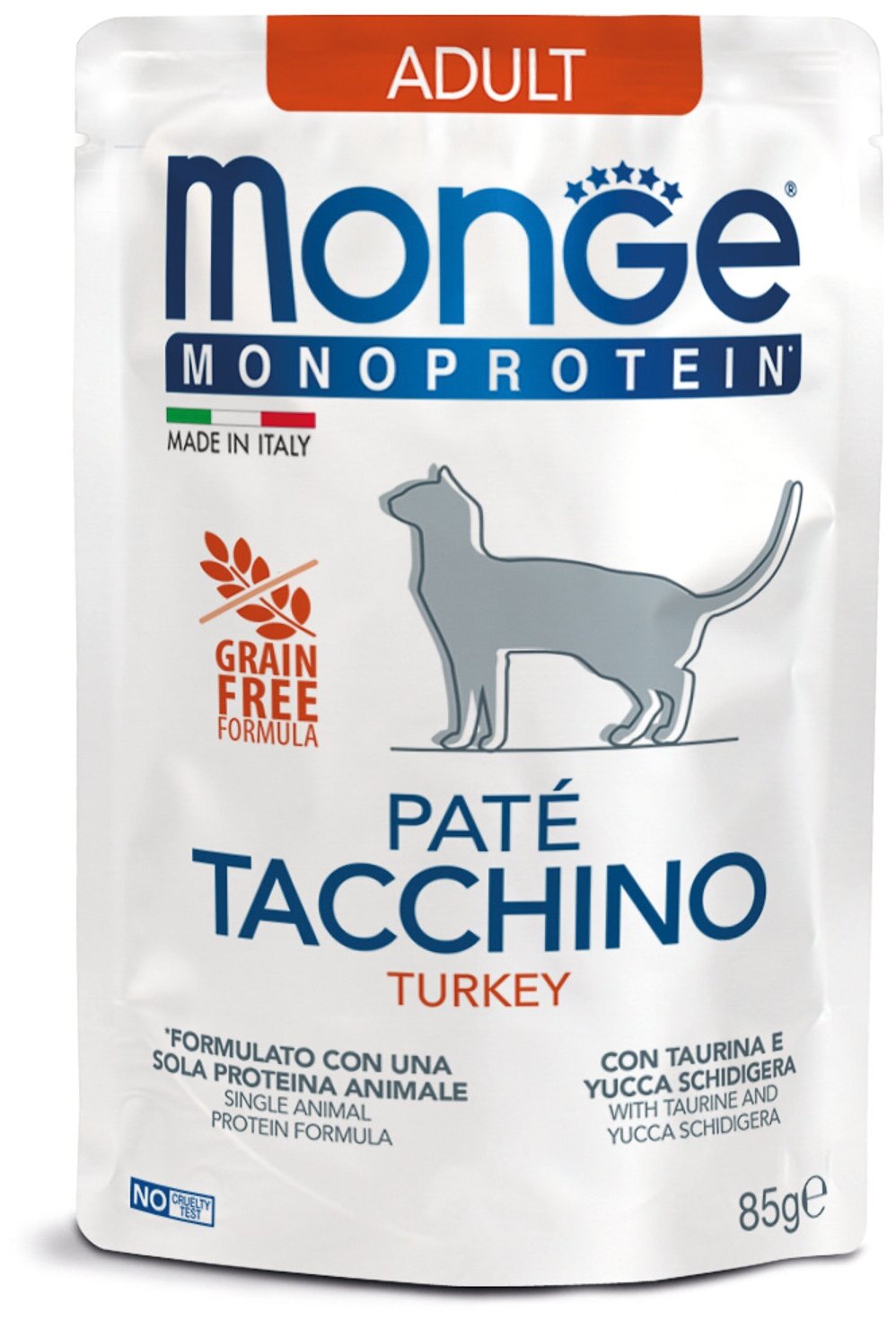 Влажный корм Monge Cat Monoprotein для взрослых кошек, из индейки, паучи 85 г