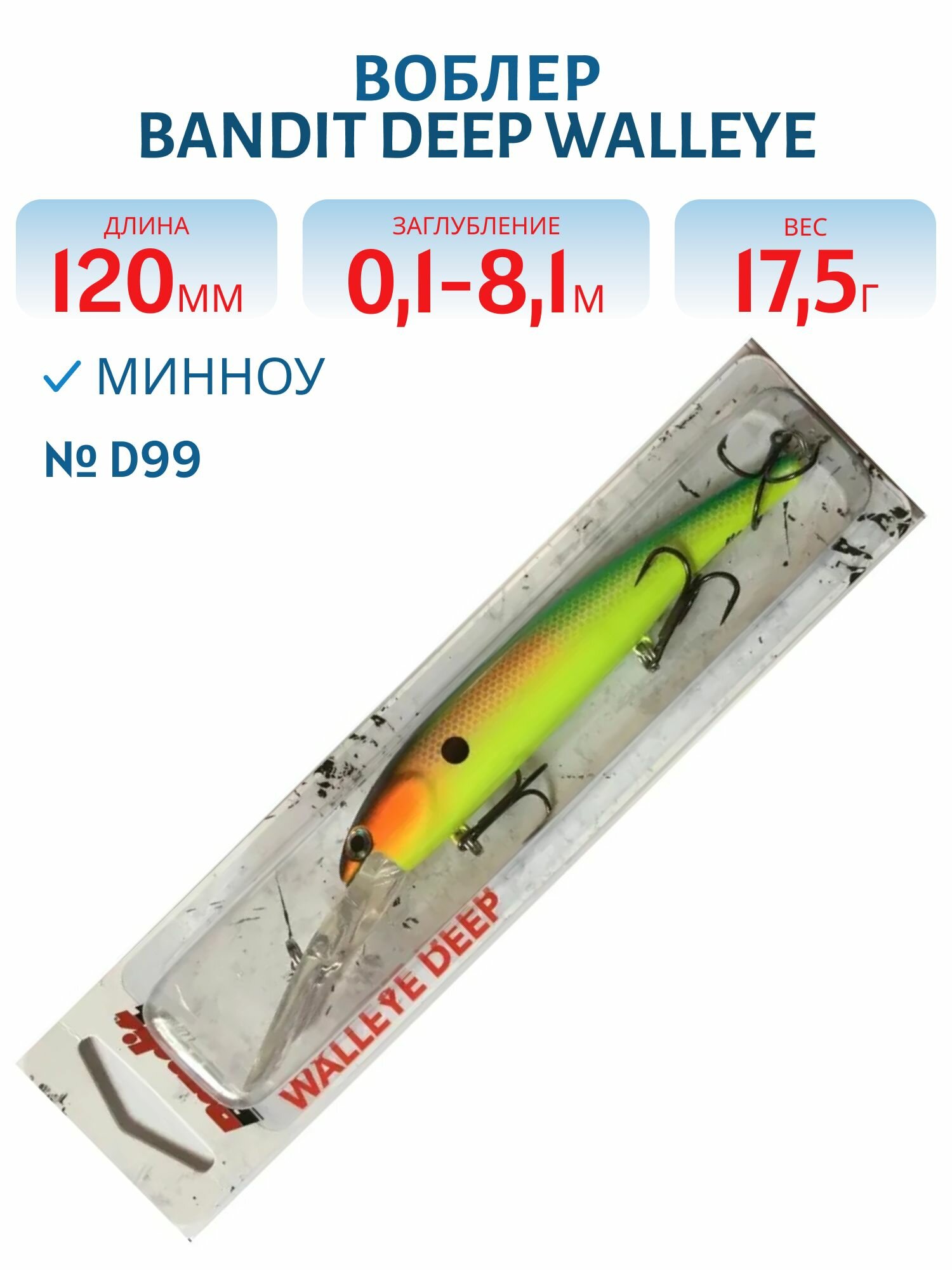 Воблер BANDIT DEEP WALLEYE, 120 мм, 17,5 гр, цвет D99