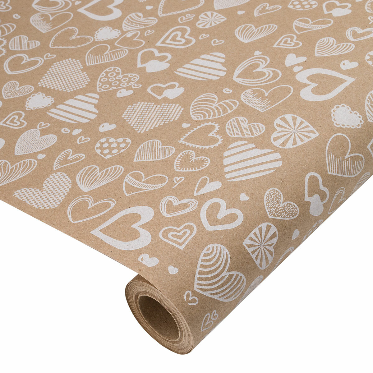 Крафт бумага Сердечное ассорти белый на коричневом фоне, 720мм/60гр/10м +/- 5%