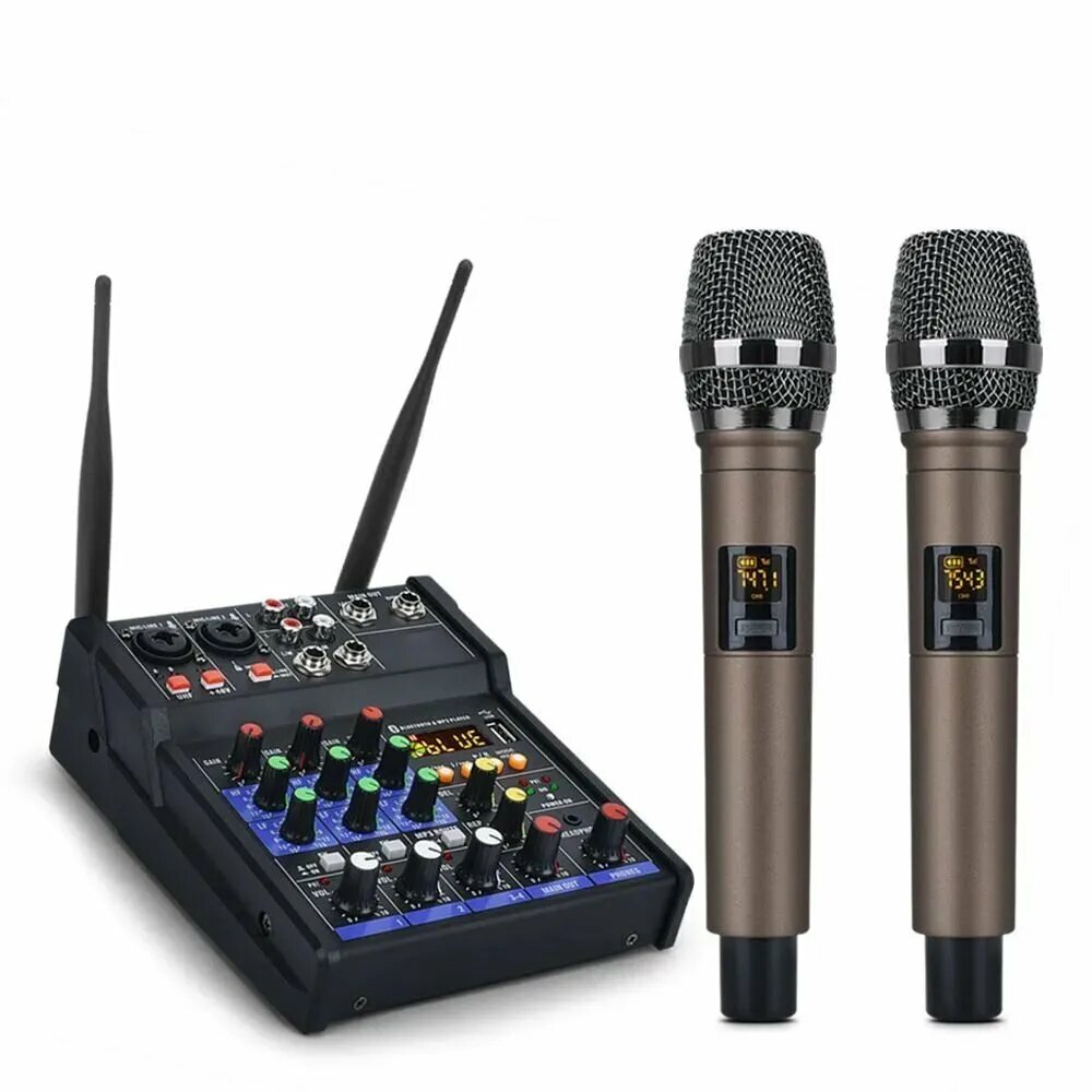 Микшер 4-полосный с беспроводными микрофонами с Bluetooth и USB