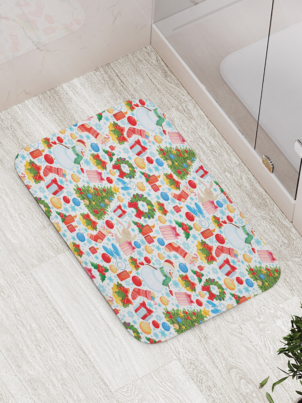 Коврик для ванной комнаты, туалета "Новогодние снеговики" противоскользящий, 52х77 см, JoyArty, серия Новый год