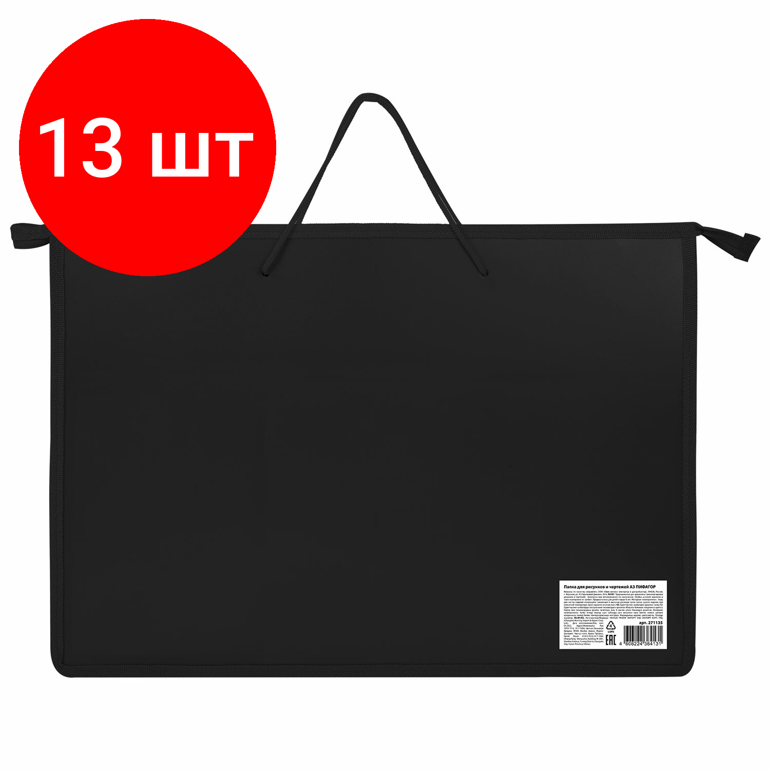 Комплект 13 шт, Папка для рисунков и чертежей пифагор А3, пластик, черная, 271135