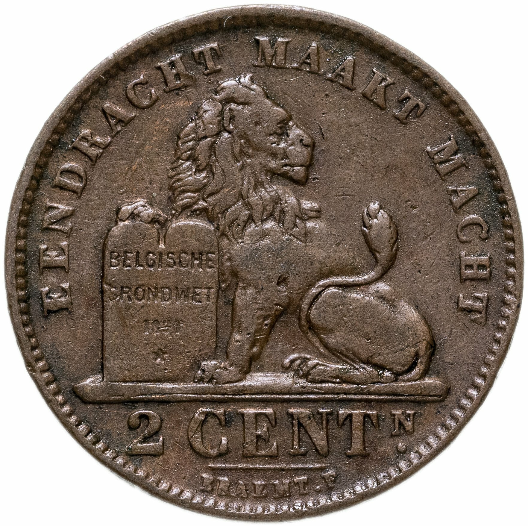 Бельгия 2 сантима 1905 Надпись на голландском - 'DER BELGEN', Медь, в сохранности XF