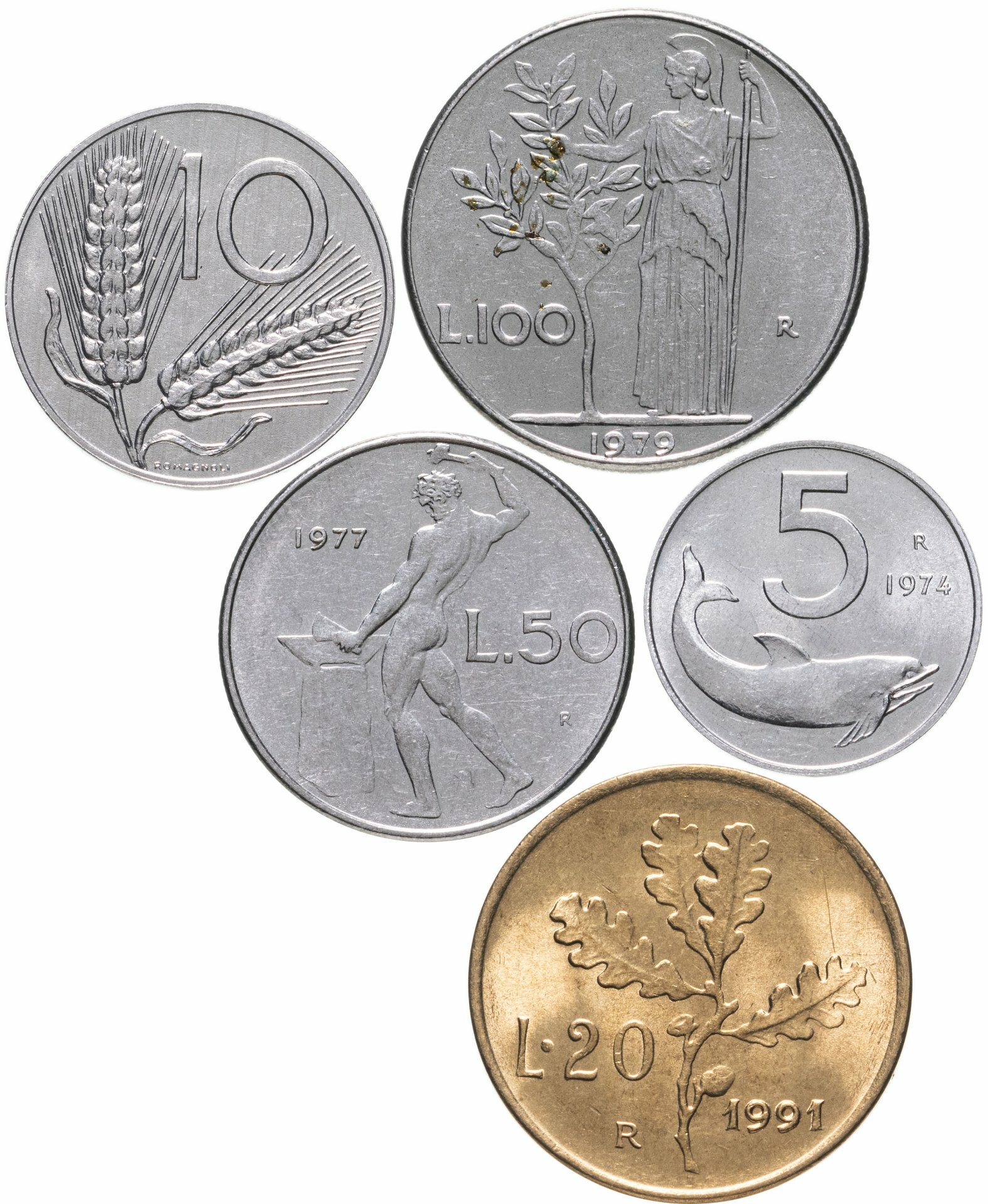 Италия - набор 5 монет 5, 10 , 20, 50, 100 лир 1956-2001 год, Другой, в сохранности UNC