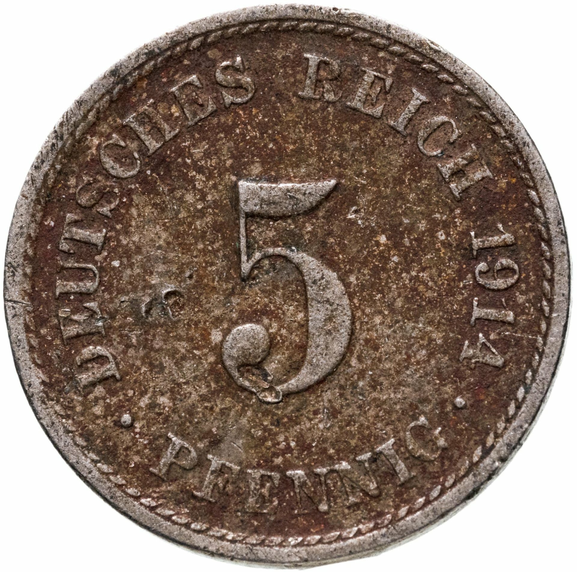 Германия 5 пфеннигов pfennig 1914 знак монетного двора: "A" - Берлин, Никель, в сохранности VF