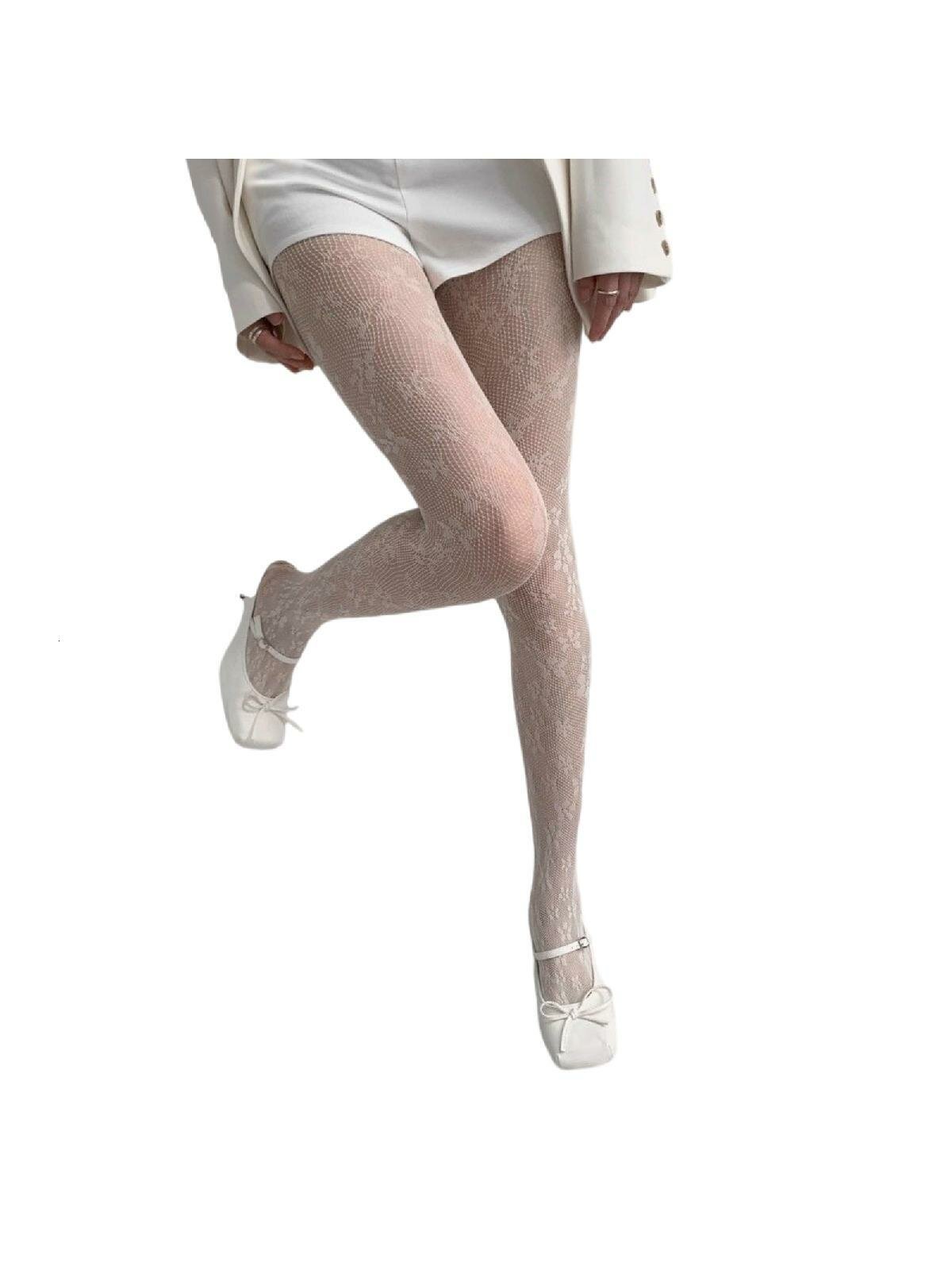 Женские кружевные колготки-сетка, Белый