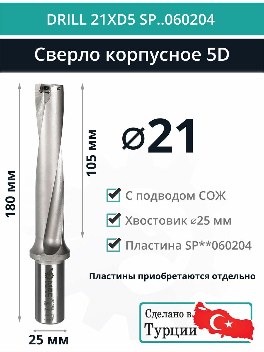 DRILL 21XD5 SP.060204 сверло корпусное - 21 мм / пластина SPMX 060204; SPMT 060204