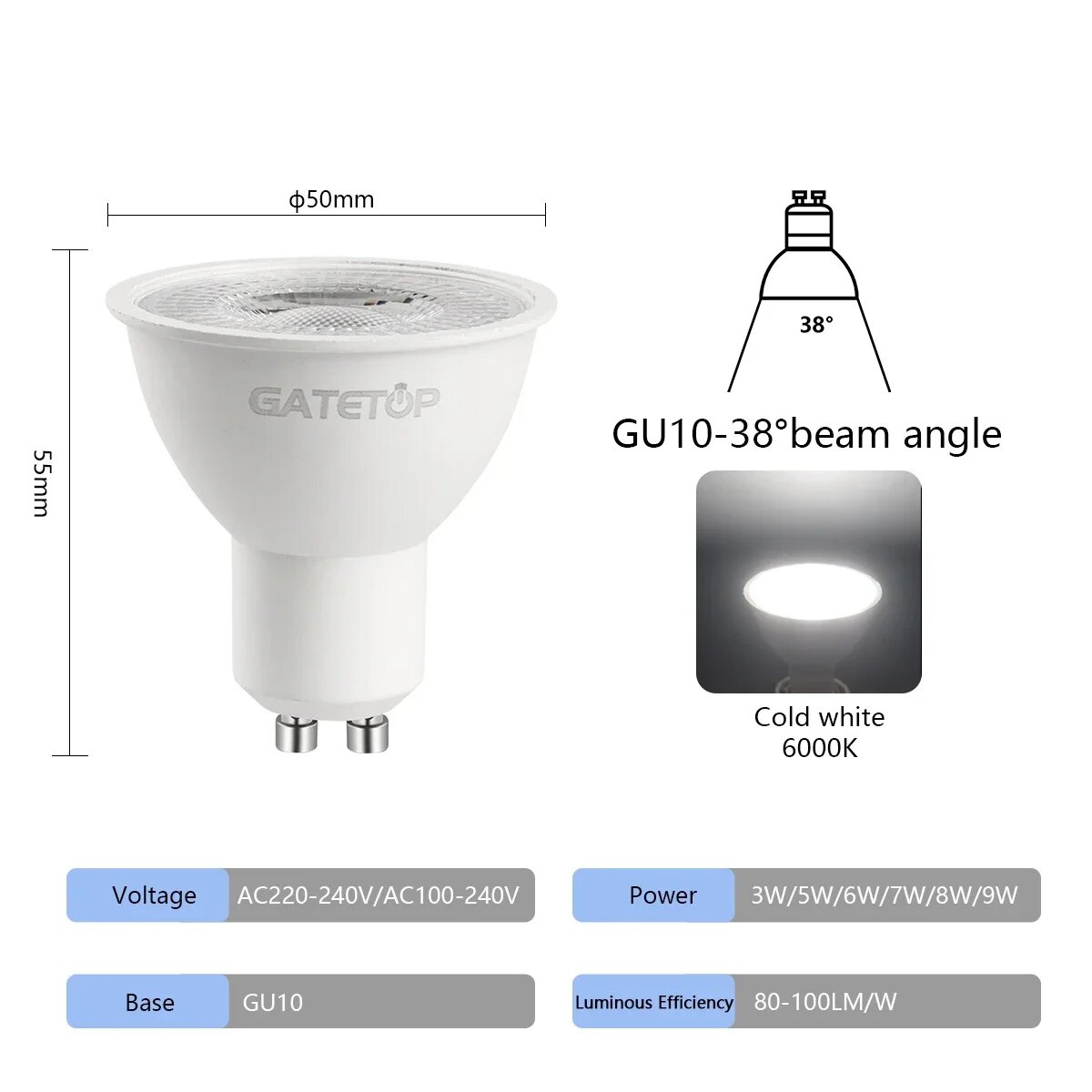 Светодиодные лампы Gatetop GU10 5-9 Вт 38degree 6000K, AC220-240V, 9W