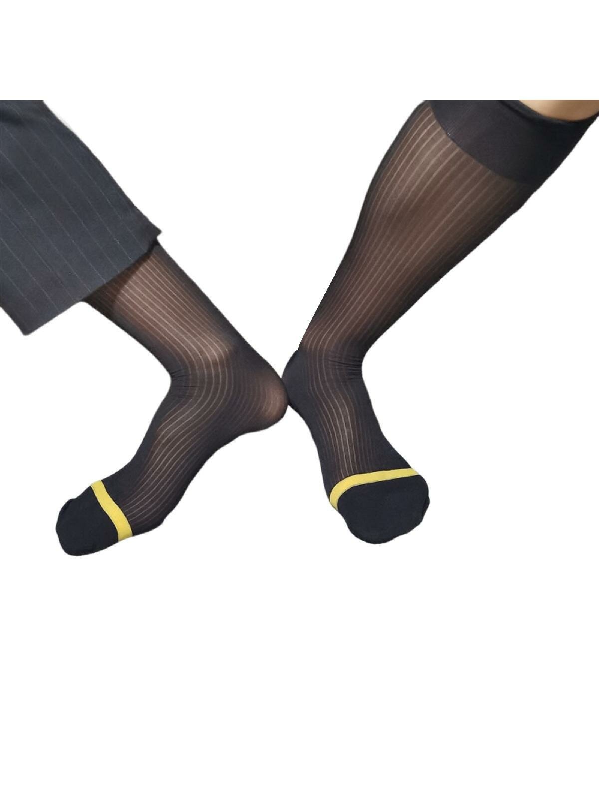 Мужские тонкие нейлоновые носки до колена, Золотая и черная полоска