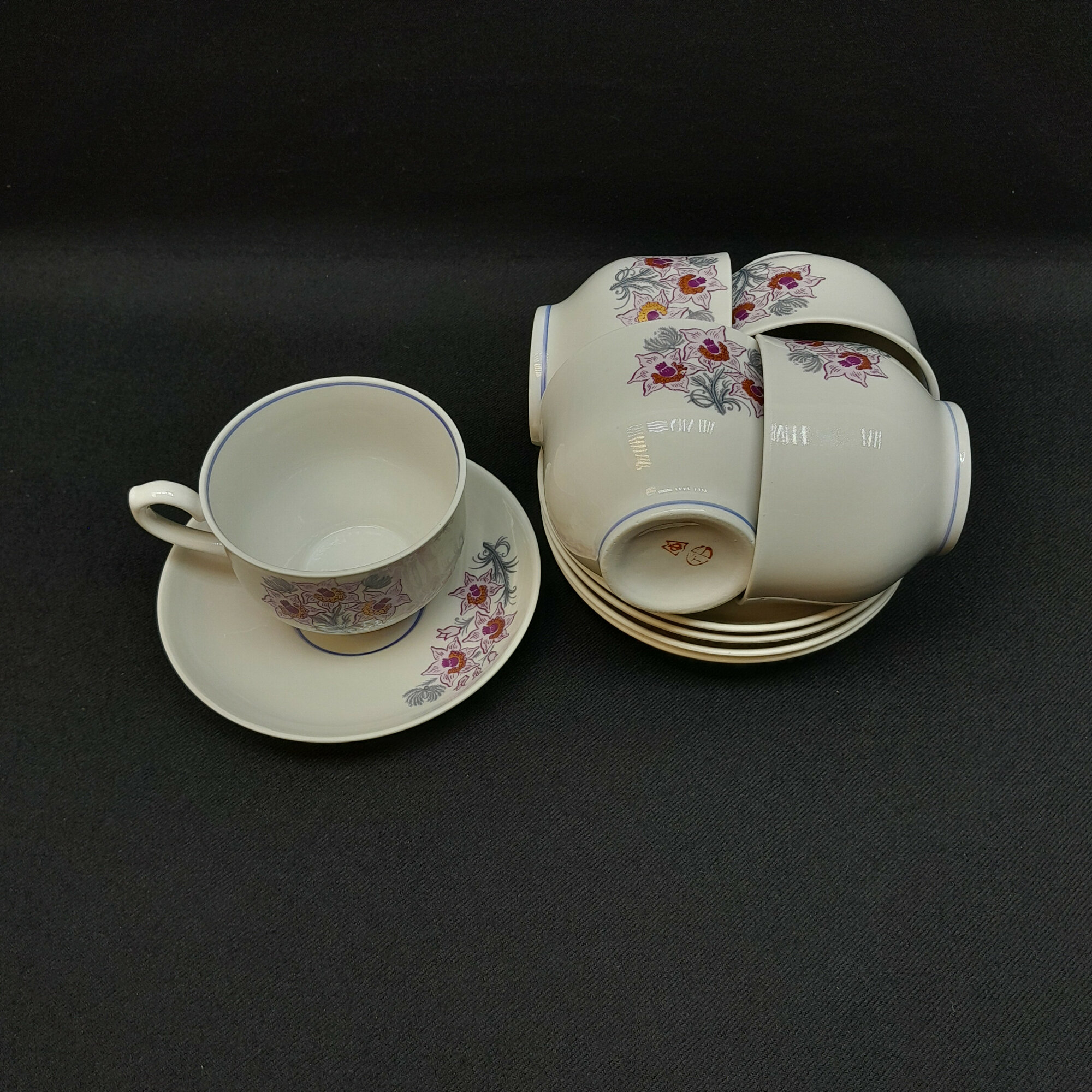 Набор чайных пар 5 шт, Минск, фарфор, деколь, 250 мл. Винтаж, СССР.