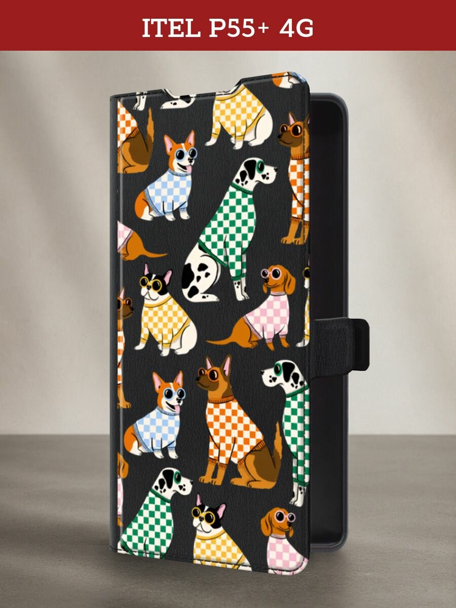 Чехол-книжка на Itel P55 Plus 4G / Ител Р55 Плюс 4G с принтом Крутые песели, черный