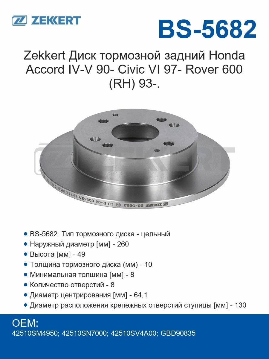 Zekkert Диск тормозной задний Honda Accord IV-V 90- Civic VI 97- Rover 600 (RH) 93-.