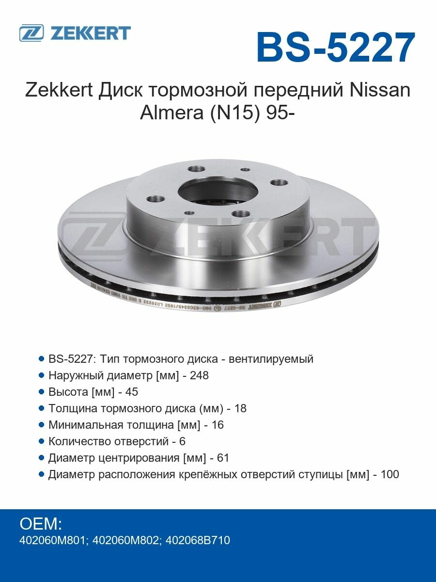 Zekkert Диски тормозные передний Nissan Almera (N15) 95-