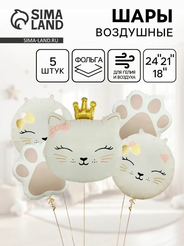 Воздушные шары КНР "Кошечка с короной", набор 5 шт