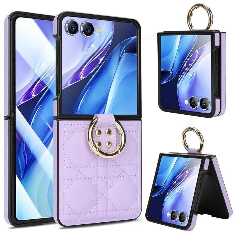 Чистый цветной кожаный чехол для телефона Samsung Galaxy Z Flip7 5G, держатель для кольца на палец, прочный чехол для ПК, чехол для Samsung Z Flip 7 6 5 4 3 Фиолетовый, Purple, For Samsung Z Flip 7