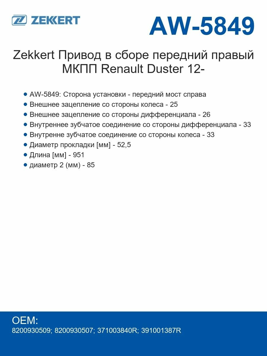 Zekkert Привод в сборе передний правый МКПП Renault Duster 12-