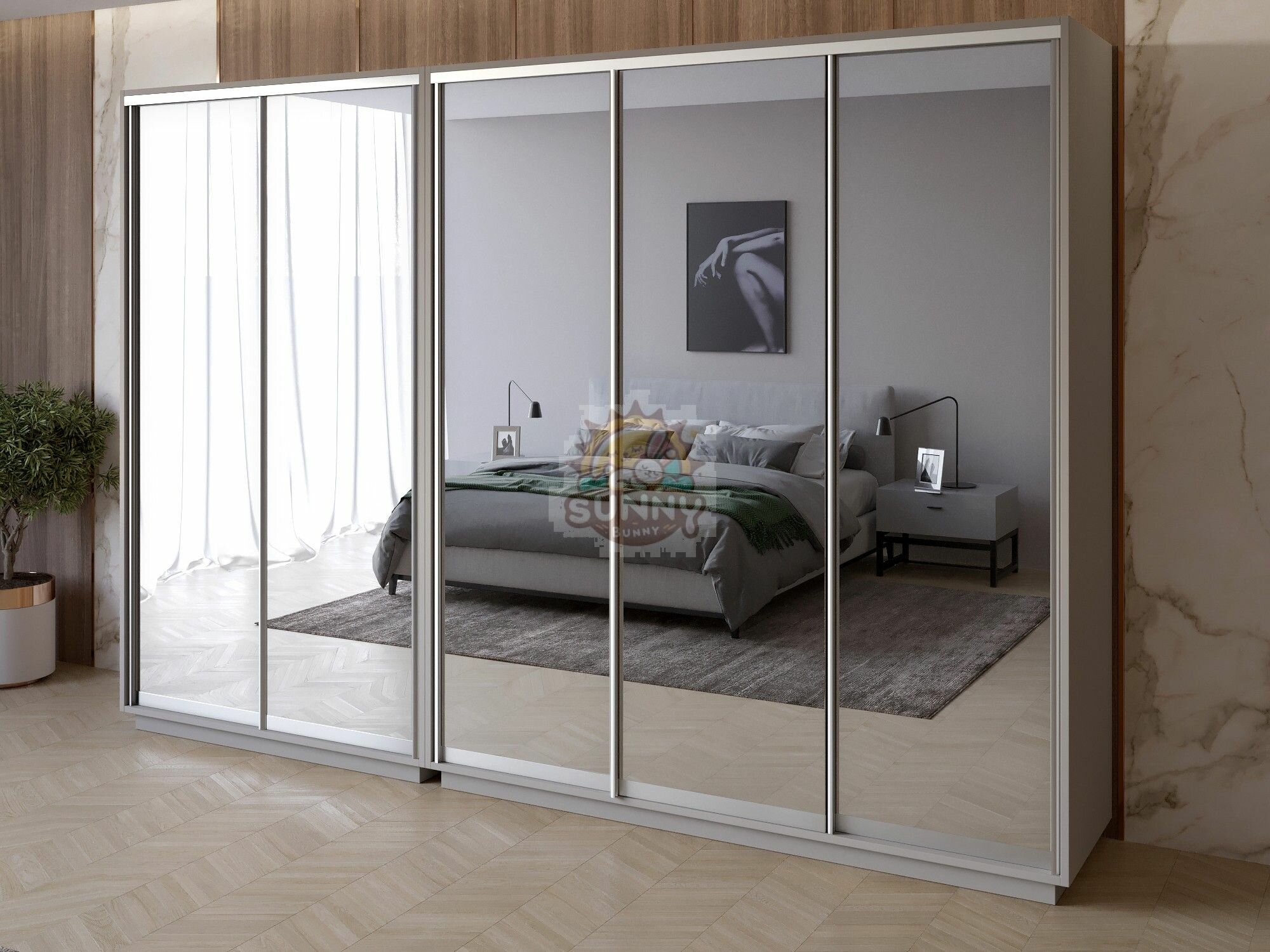 Шкаф-купе Вилли 5-ти дверный модульный (2+3) зеркальные двери, профиль серебро, 300х45х220 см. Кашемир