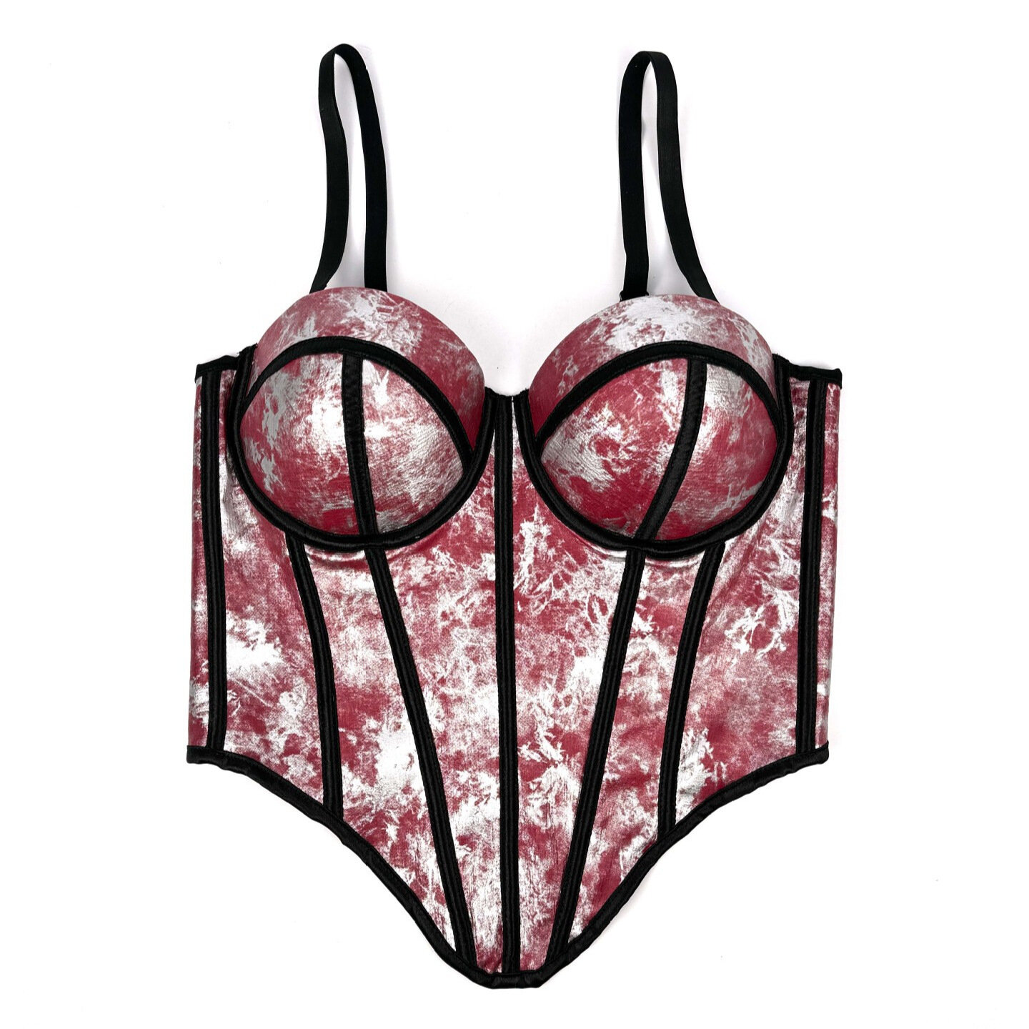 Корсет tie-dye, с принтом "рыбья кость", с подтяжками, XL, темно-красный