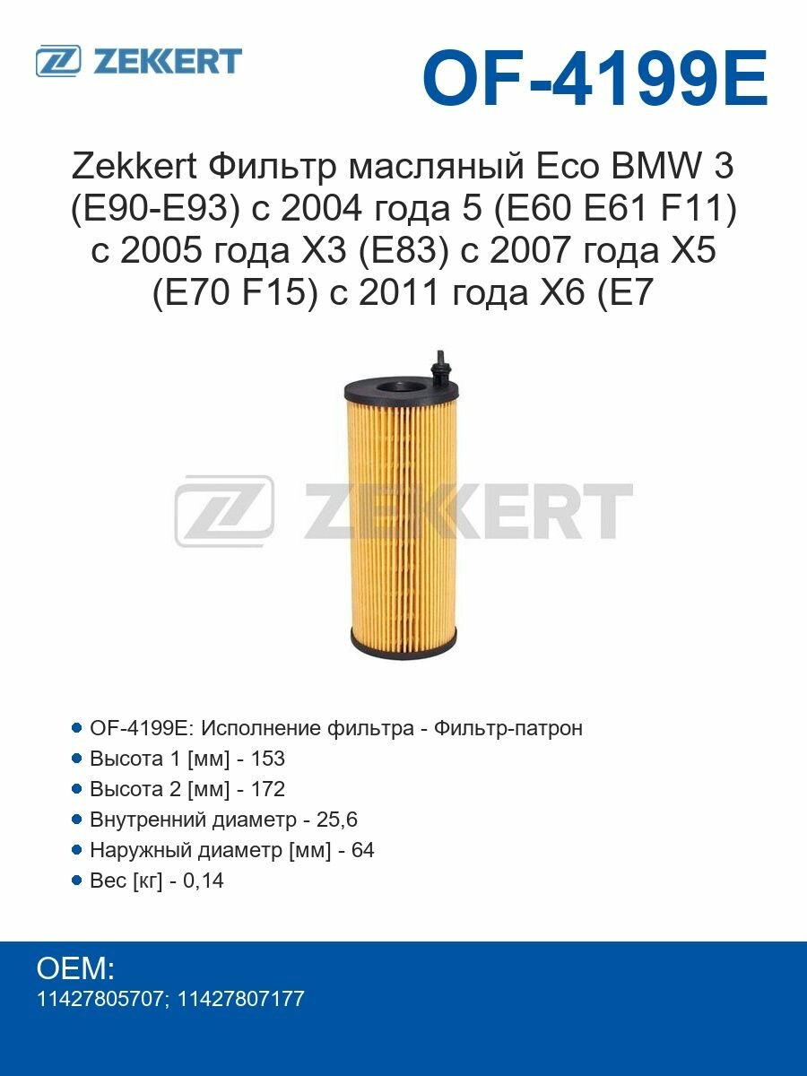 Zekkert Фильтр масляный Eco BMW 3 (E90-E93) с 2004 года 5 (E60 E61 F11) с 2005 года X3 (E83) с 2007 года X5 (E70 F15) с 2011 года X6 (E7
