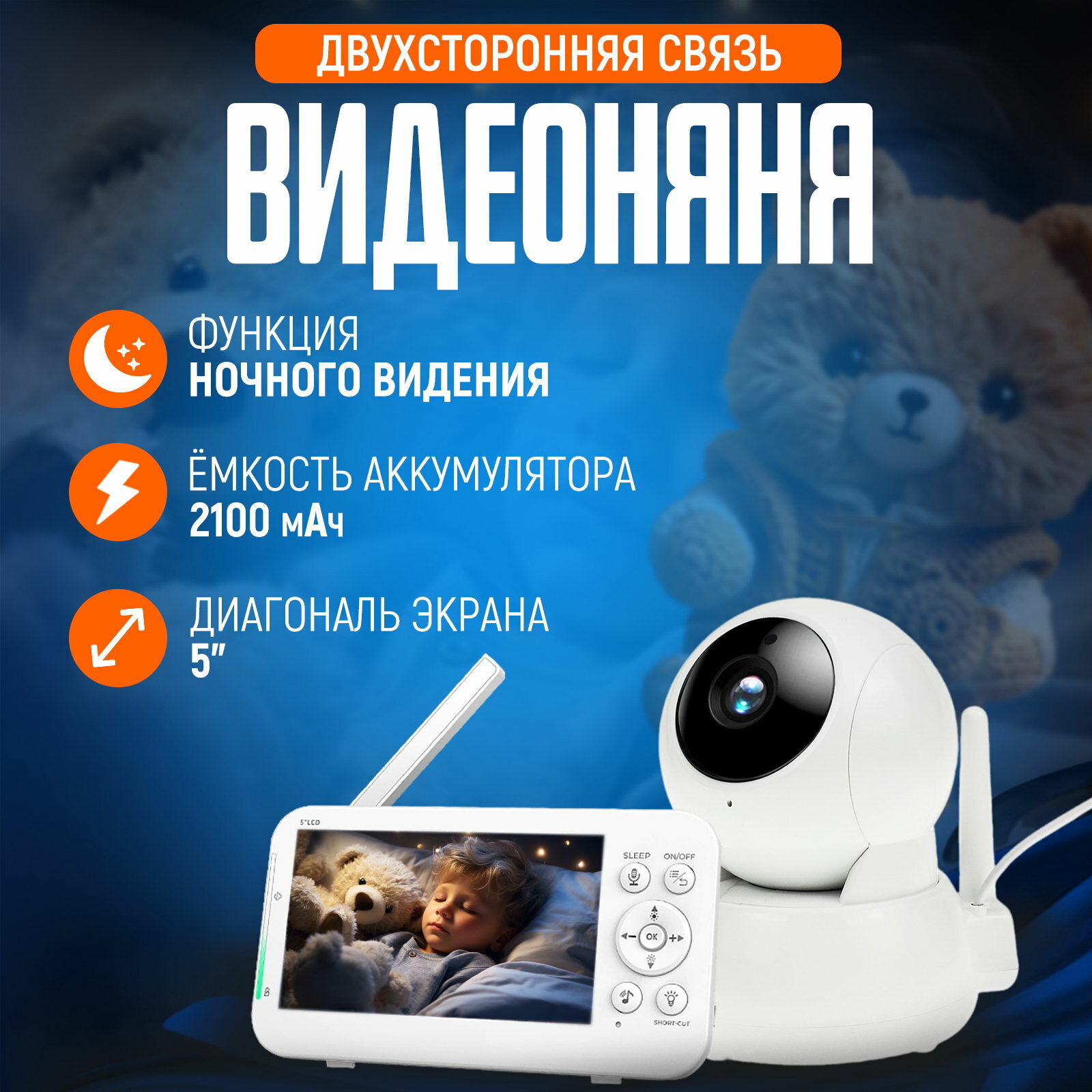 Видеоняня беспроводная с монитором, экран 5"LCD, двухсторонняя связь, 2100 мАч, белая