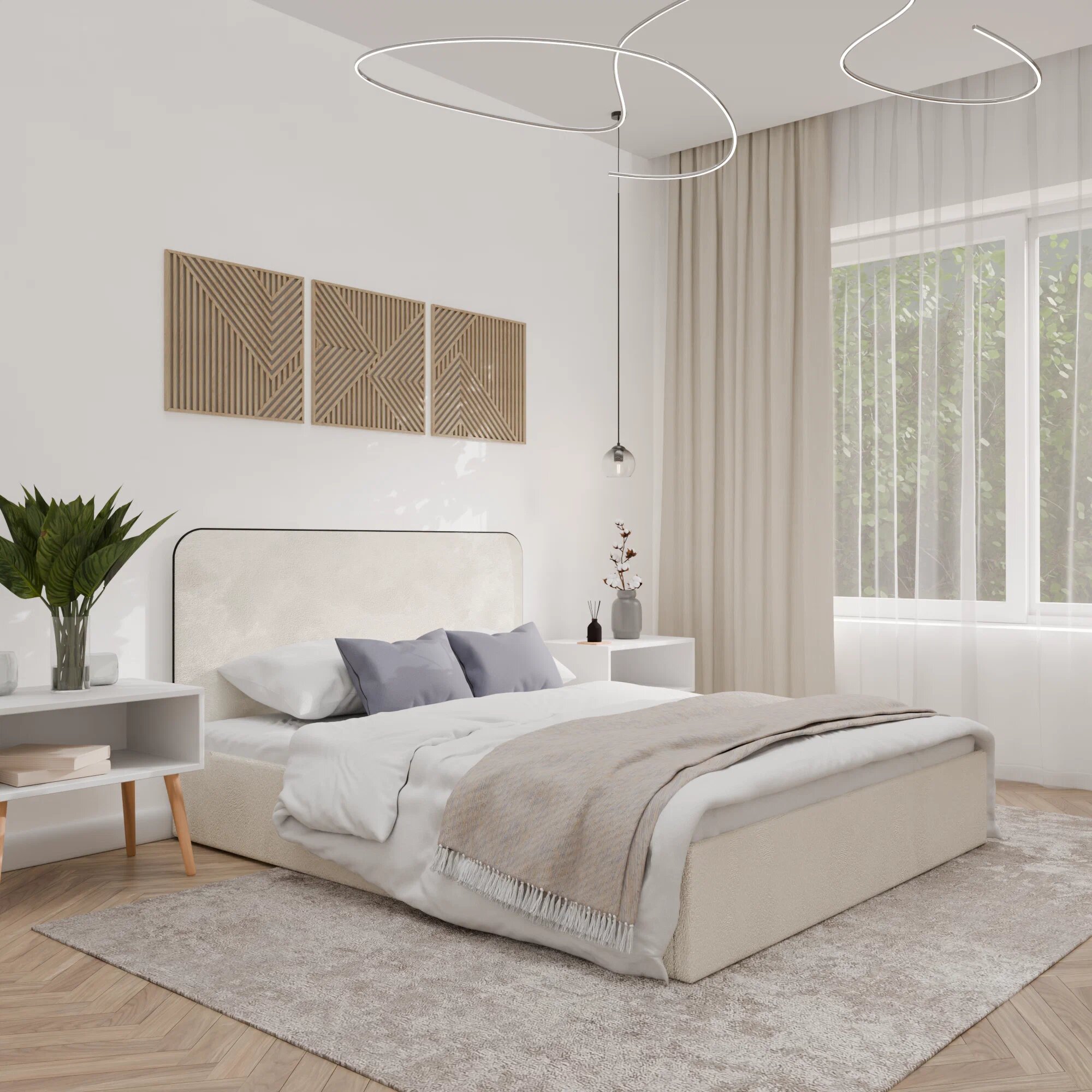 Кровать Абстракт Элит с настилом, 160х190, без ножек, молочный, с черным кантом