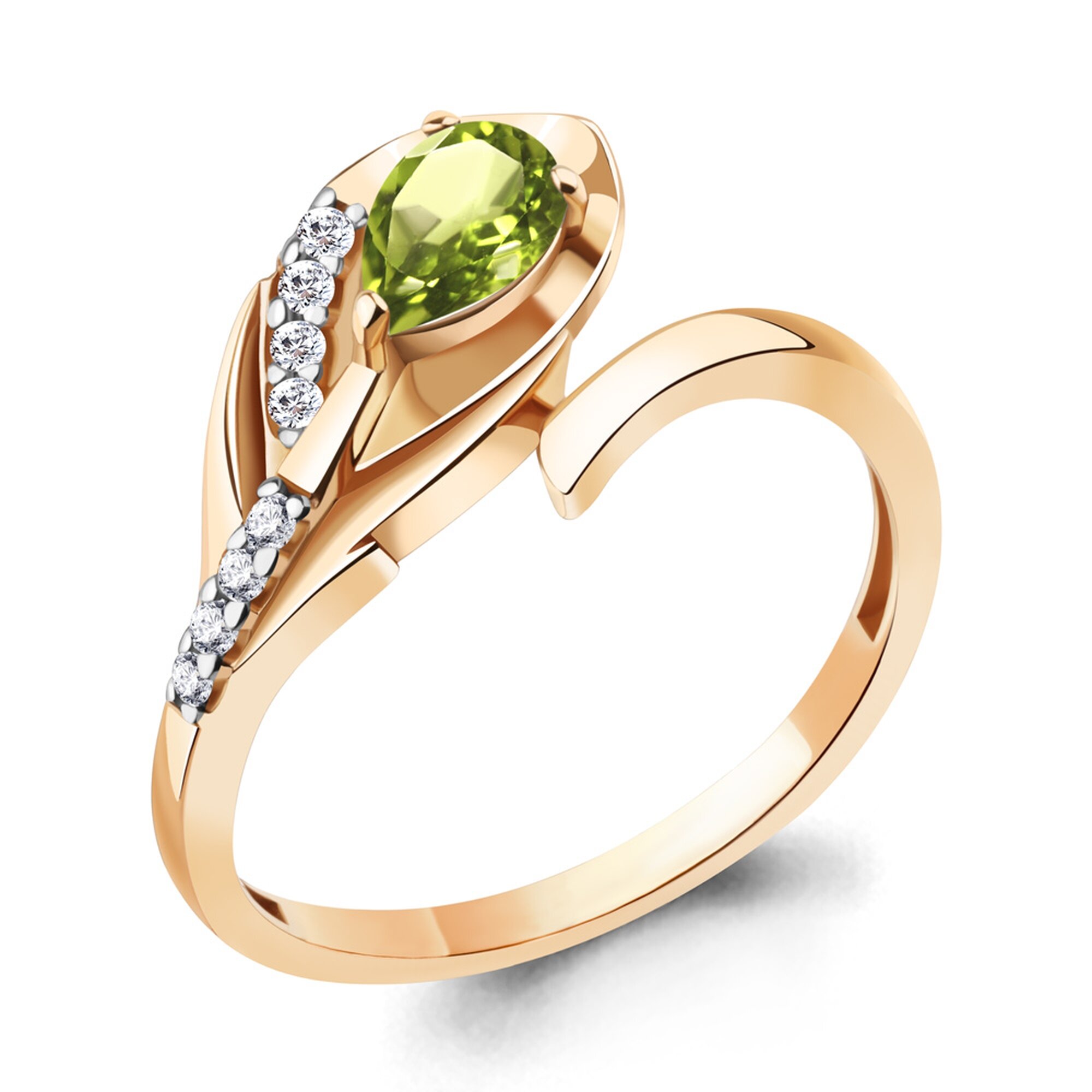 Кольцо, серебро, 925 проба, золочение, фианит, хризолит