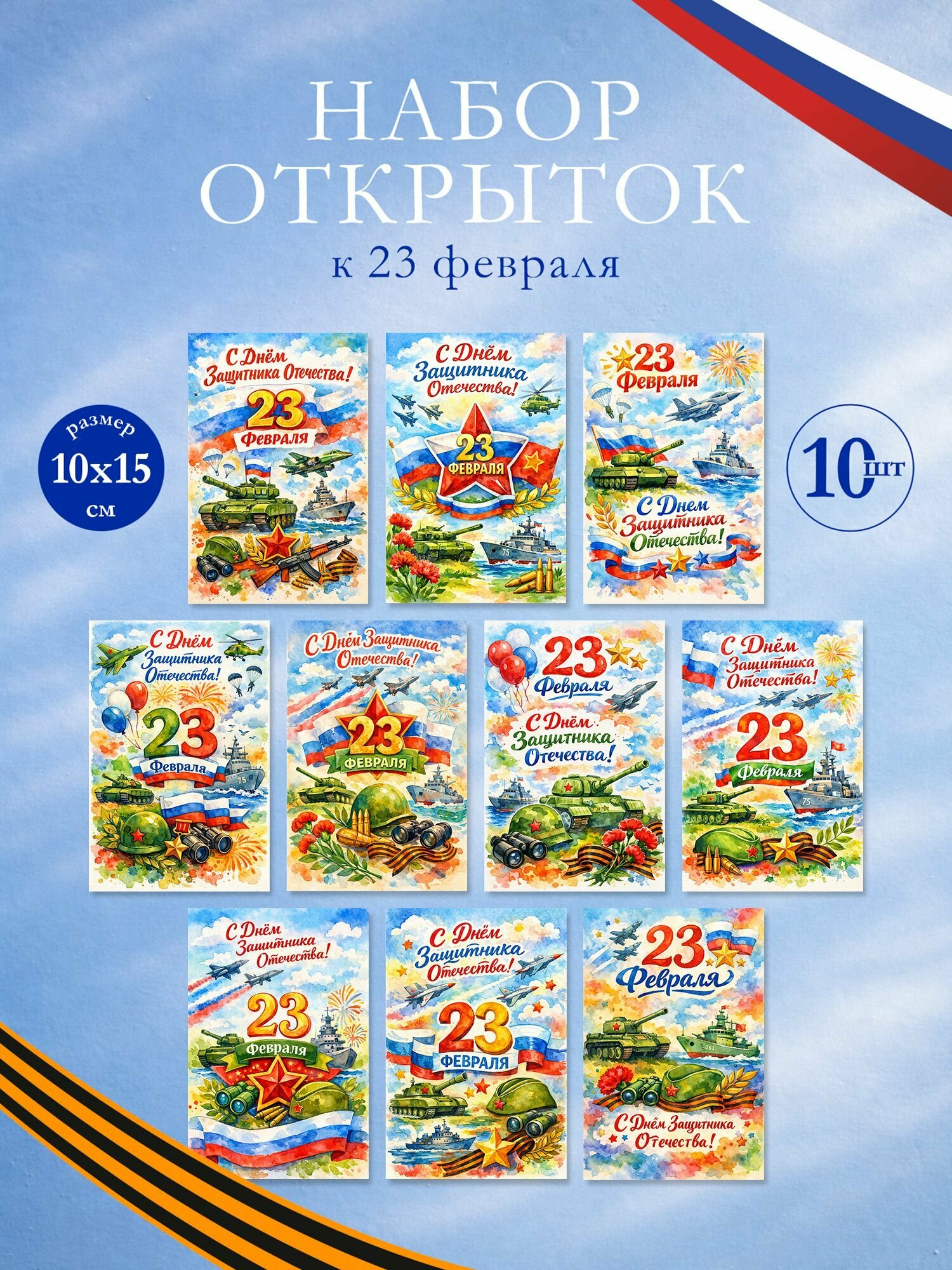 Открытки 23 февраля, 10 шт