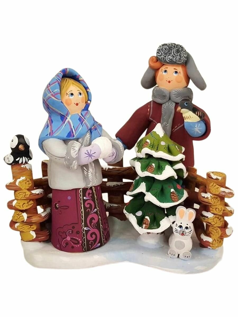 Парочка у плетня - зима, Ковровская глиняная игрушка, ручная авторская работа