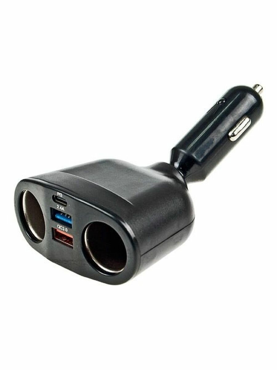 Разветвитель прикуривателя M7 BLACK на 2 гнезда + QC3.0, USB, USB-C, вольтметр 12V-24V M7