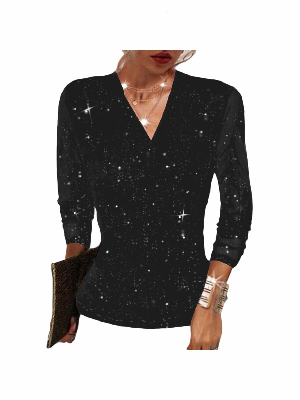 Блестящая блузка с V-образным вырезом и длинными рукавами, Черный - XXXXL