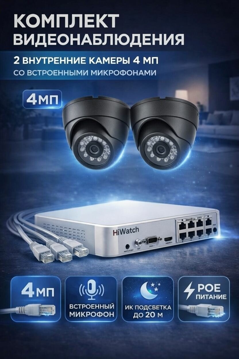 Полный комплект уличного видеонаблюдения Hiwatch на 2 камеры 4 МП. POE-регистратор + 2 внутренние камеры + кабель 20м. Готов к монтажу.