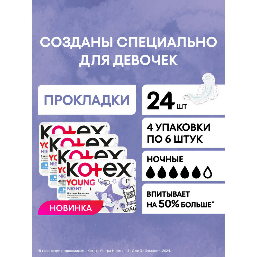 Прокладки Kotex Young Ночные гигиенические для девочек, 24 шт