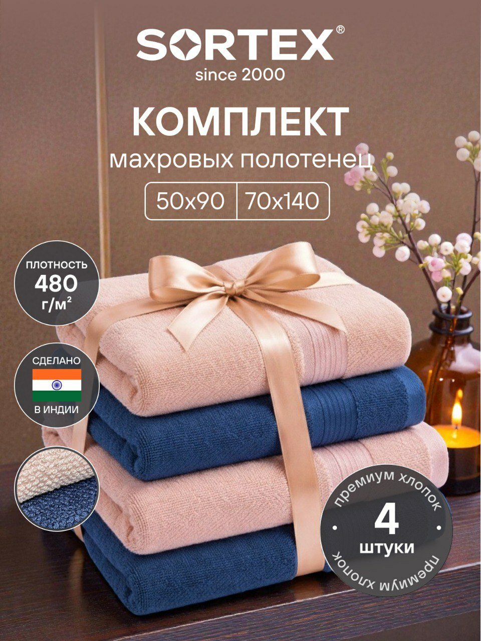 Полотенце махровое, набор, Tilkku Takki, Vantaa 50*90см 2шт, 70*140см 2шт. роз/син.